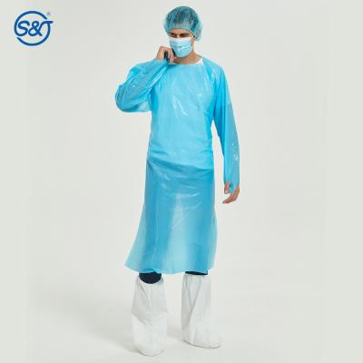 Cina Il pollice di plastica dei grembiuli del LDPE di CBE pp del PE eliminabile di S&J avvolge il grembiule medico protettivo di CBE del livello di AAMI in vendita
