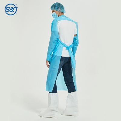 Cina Il pollice di plastica dei grembiuli del LDPE di CBE pp del PE eliminabile di S&J avvolge il grembiule medico protettivo di CBE del livello di AAMI in vendita