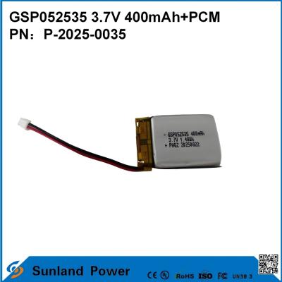 China GSP052535 3.7V 400mAh+PCM Bateria usada em rádios compactas de duas vias, gravadores de voz, mini rastreadores GPS, canetas inteligentes e dispositivos similares à venda