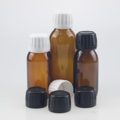 China 28mm plastic cap for Oral liquid syrup bottle l amber glass bottle 100ml for sale