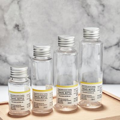 China 30ML, 50ML, 80ML, 100ml lotion bottle with screw cap, transparent aluminum cap bottle,  cosmetic plastic empty bottle for sale