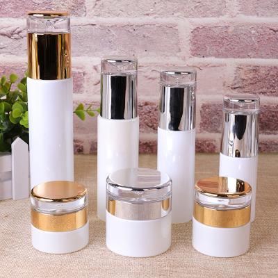 China Cosmetic packaging set with electroplate silver pump/silver cap,20ml-100ml lotion bottle and Spray bottle, cream Jar for sale