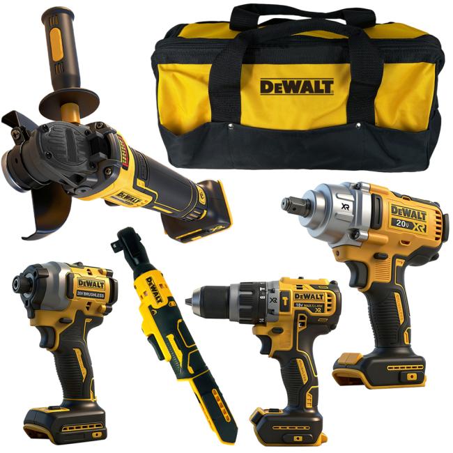 DEWALT XR 20V Brushless 5-in-1 Power Tool Set displayed with all components