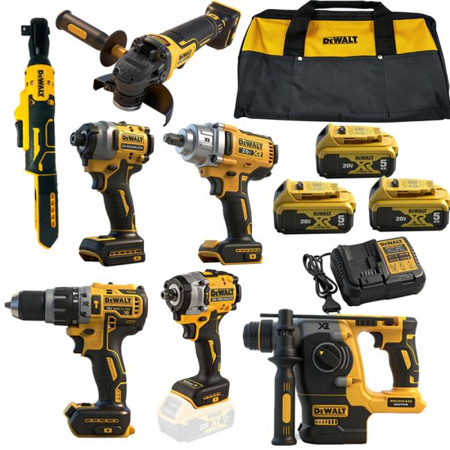 Close-up view of DEWALT power tools including drill and impact wrench