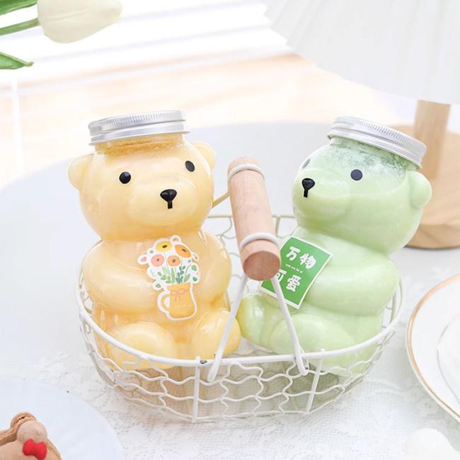 Children&prime;s Popular Bear Shape 450ml Pet Beverage Straw Cup Milk Tea Bottle with Screw Cap Disposable Cartoon Tea Cup