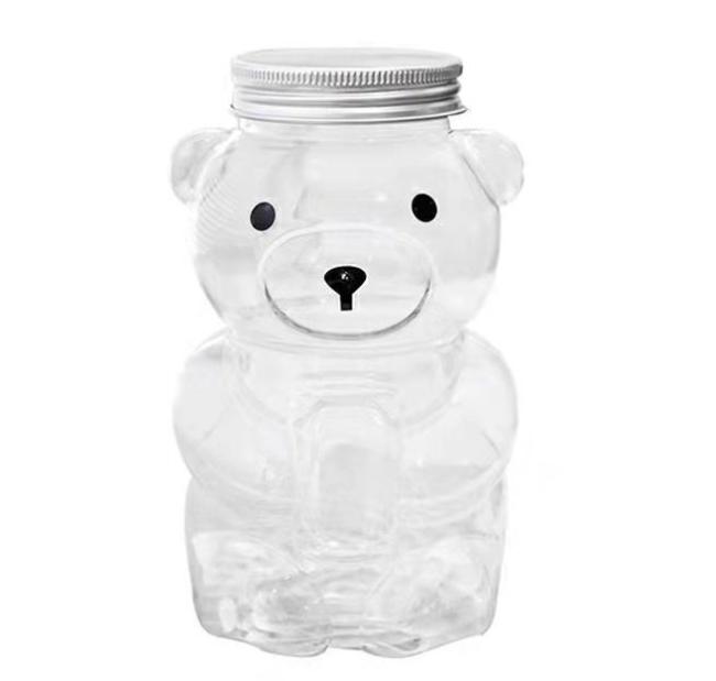 Children&prime;s Popular Bear Shape 450ml Pet Beverage Straw Cup Milk Tea Bottle with Screw Cap Disposable Cartoon Tea Cup