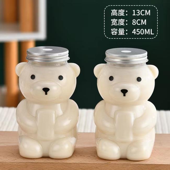 350ml 400ml 700ml Hot Selling Customize Pet Plastic Bear Shape Juice Bottle for Beverage with Cap and Straps