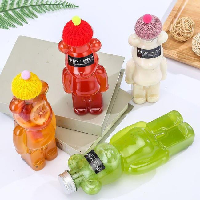 350ml 400ml 700ml Hot Selling Customize Pet Plastic Bear Shape Juice Bottle for Beverage with Cap and Straps