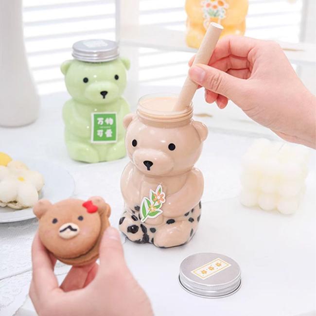 350ml 400ml 700ml Hot Selling Customize Pet Plastic Bear Shape Juice Bottle for Beverage with Cap and Straps