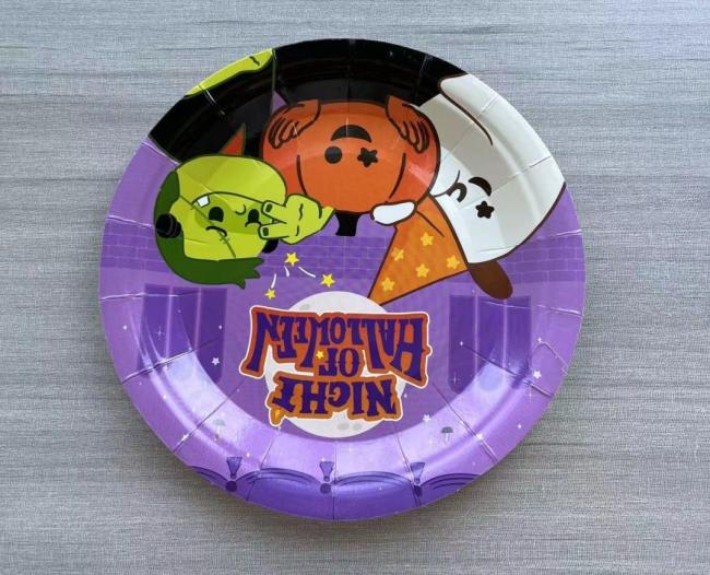 Disposable Plate Eco-Friendly Party Decoration 7inch Customizable Round Colourful Halloween Decorated Party Paper Plate