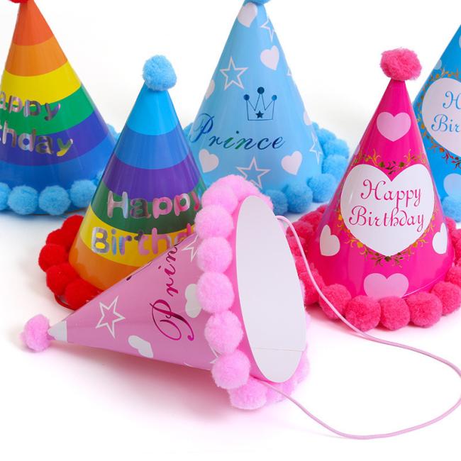 New Children&prime;s Birthday Hat Party Supplies Colorful Red Creative Triangular Hat Hairball Birthday Hat Party Hat Adult Hat