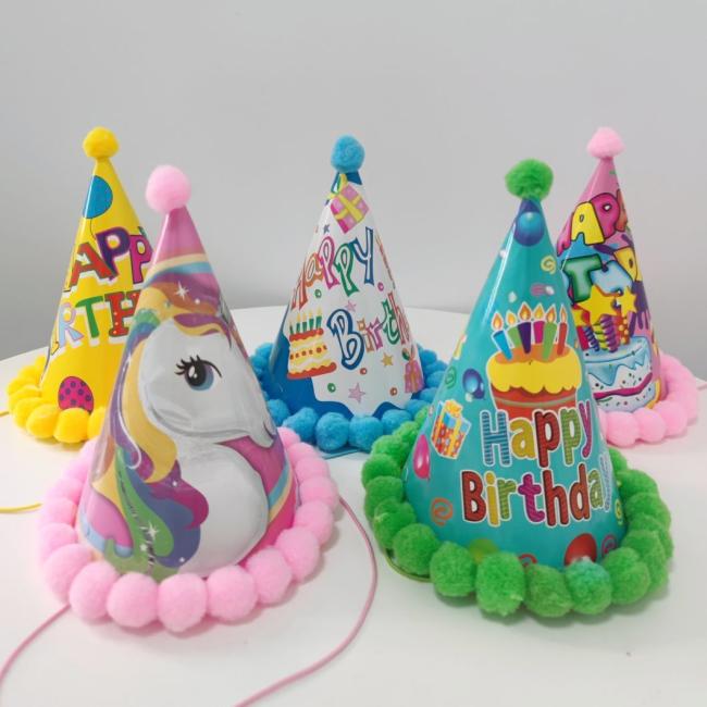 New Children&prime;s Birthday Hat Party Supplies Colorful Red Creative Triangular Hat Hairball Birthday Hat Party Hat Adult Hat