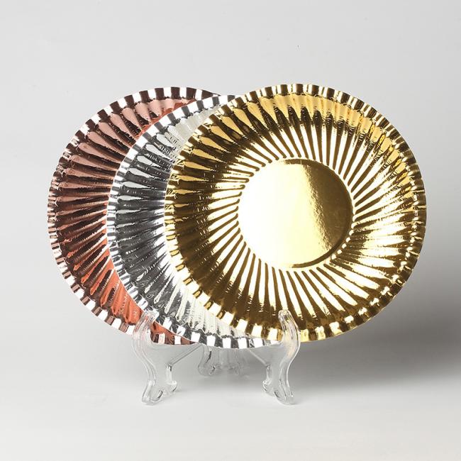 Food Grade Raw Materials Paper Plate Gold and Silver Foil Coated Disposable Plate Dish Food Container Round Party Paper Plate