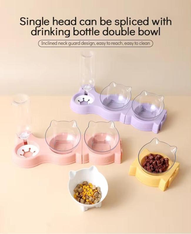 Pet Cat Feeding Double Bowl Protect Cervical Spine Non-Slip Easy-Cleaning Cat Ears Shape Dog Water Bottle