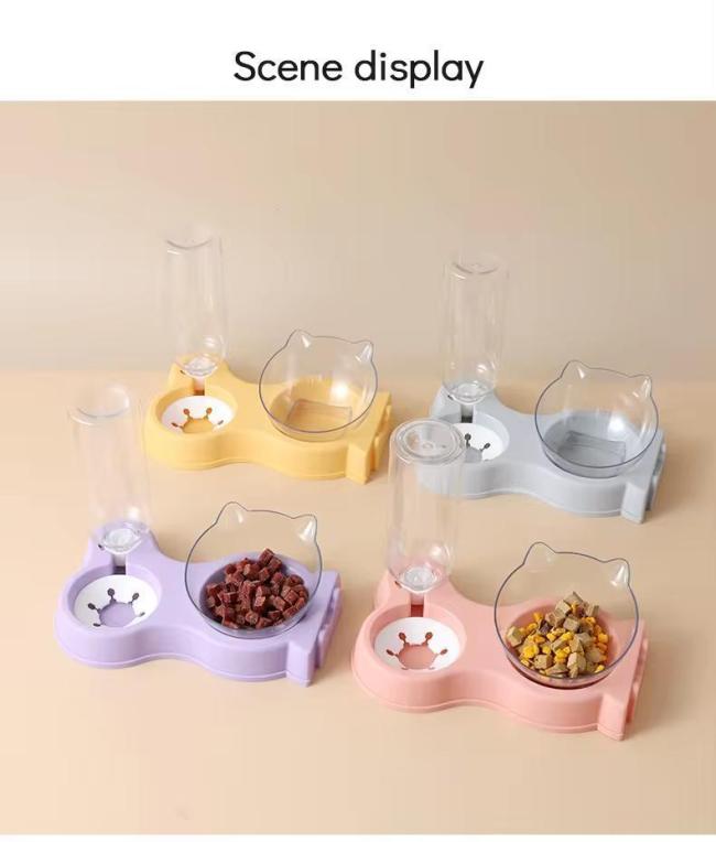 Pet Cat Feeding Double Bowl Protect Cervical Spine Non-Slip Easy-Cleaning Cat Ears Shape Dog Water Bottle