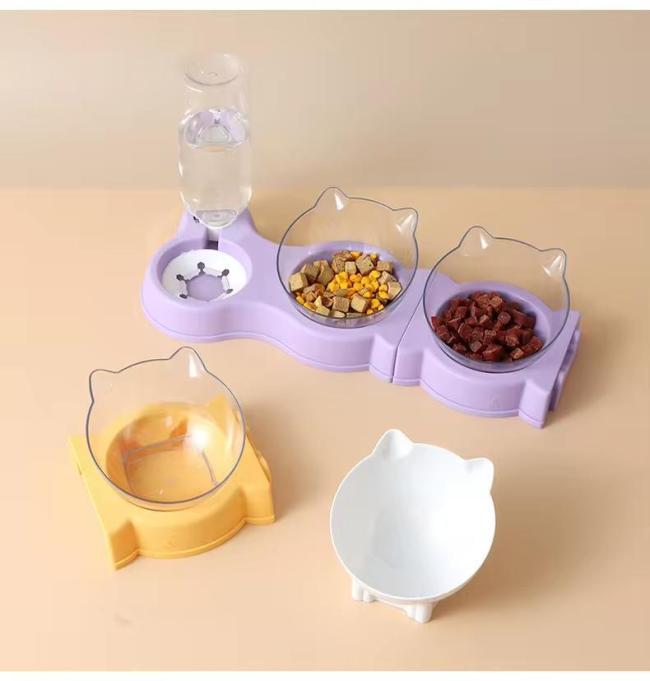 Pet Cat Feeding Double Bowl Protect Cervical Spine Non-Slip Easy-Cleaning Cat Ears Shape Dog Water Bottle