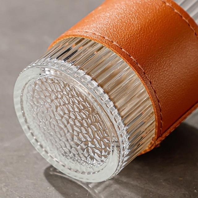 Creative Vertical Grain Glass Coffee Bottle Household Tea Cup with Heat Insulation Leather Water Bottle