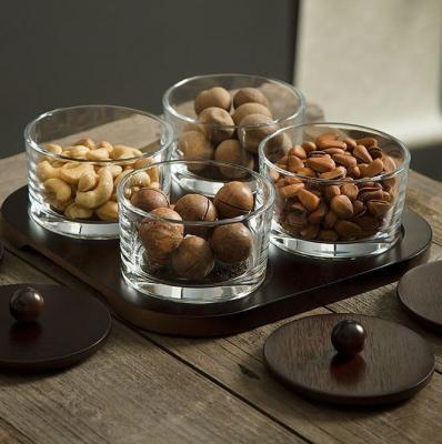 China Container Set 4 Jars Glass Snack Container with Wooden Plate and Lid US for sale