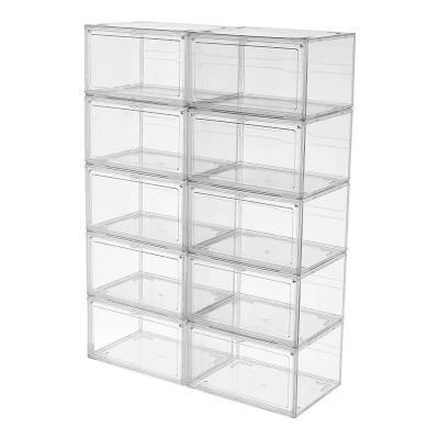 China Custom Transparent Plastic Sneaker Stackable Shoe Storage Boxes Drop Front Acrylic Drawer Type Magnetic Clear Shoe Box for sale