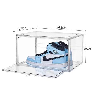 China Custom Transparent Plastic Sneaker Stackable Shoe Storage Boxes Drop Front Acrylic Drawer Type Magnetic Clear Shoe Box for sale