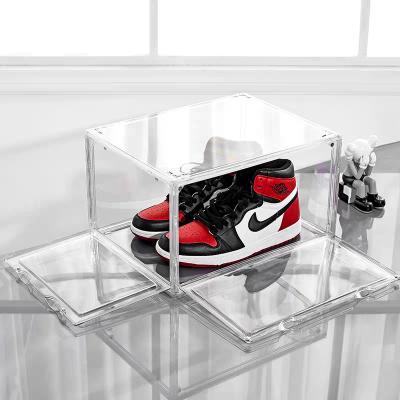 China Custom Transparent Plastic Sneaker Stackable Shoe Storage Boxes Drop Front Acrylic Drawer Type Magnetic Clear Shoe Box for sale