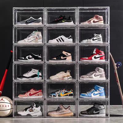 China Custom Transparent Plastic Sneaker Stackable Shoe Storage Boxes Drop Front Acrylic Drawer Type Magnetic Clear Shoe Box for sale