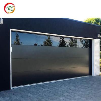 China 0.4mm Steel-Foaming-Steel Sandwich Smooth Modern Walnut Sectional Panel Garage Door Tempered Overhead Garage Door With Window for sale
