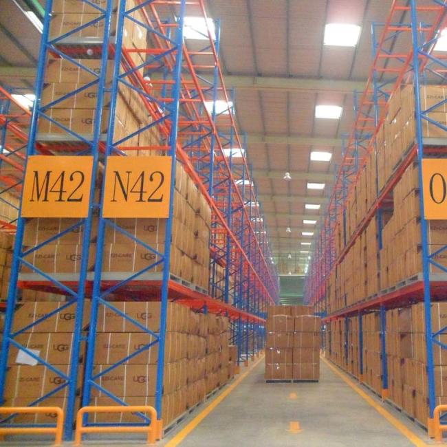Heavy duty pallet rack in warehouse setting