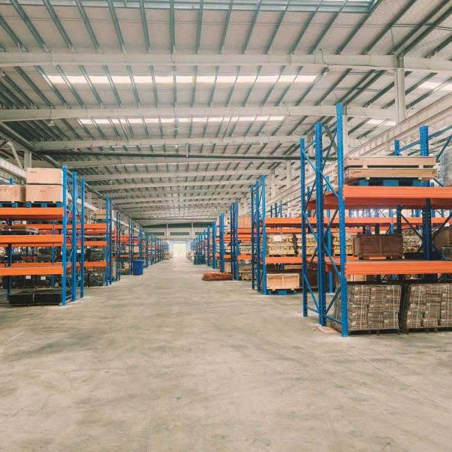 Close-up view of pallet rack construction