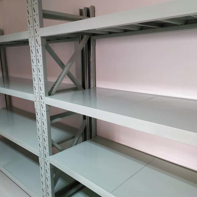 Close-up view of powder coated metal shelving rack