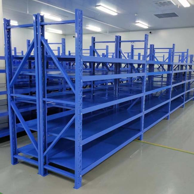 Powder coated metal shelving rack with multiple adjustable shelves
