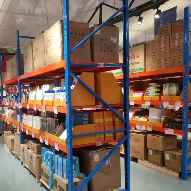 Close-up view of shelving rack construction showing powder coating finish