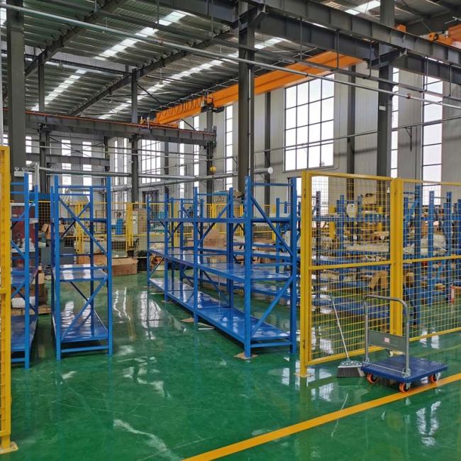 Powder coated steel rack in industrial setting