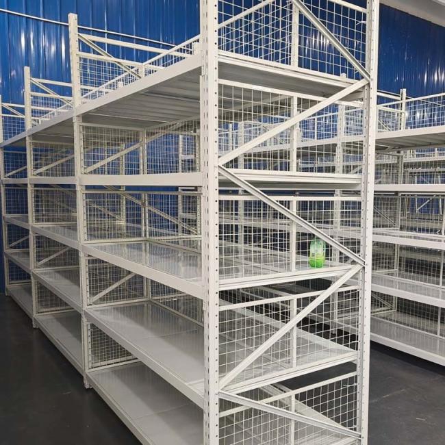 Full structure of industrial shelving rack showing sturdy metal frame