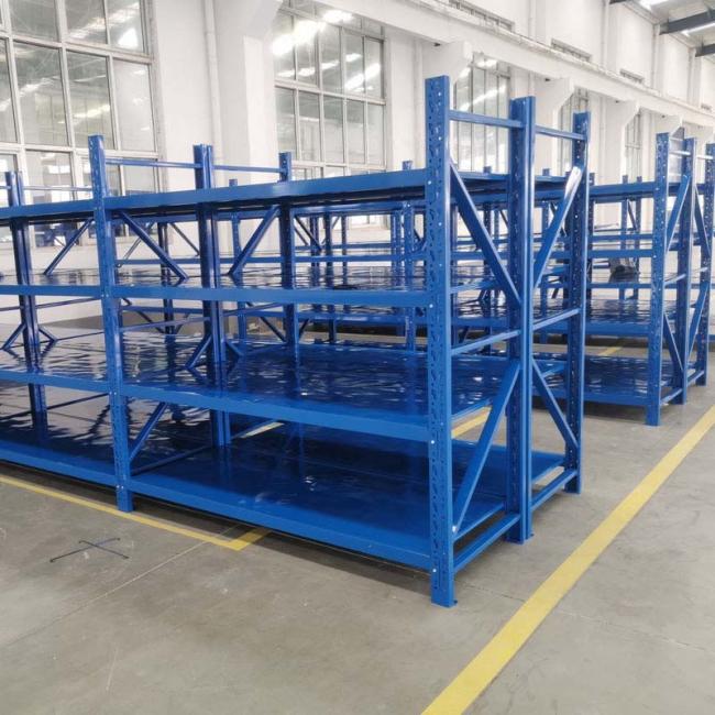 Side view of industrial shelving rack showing structural details