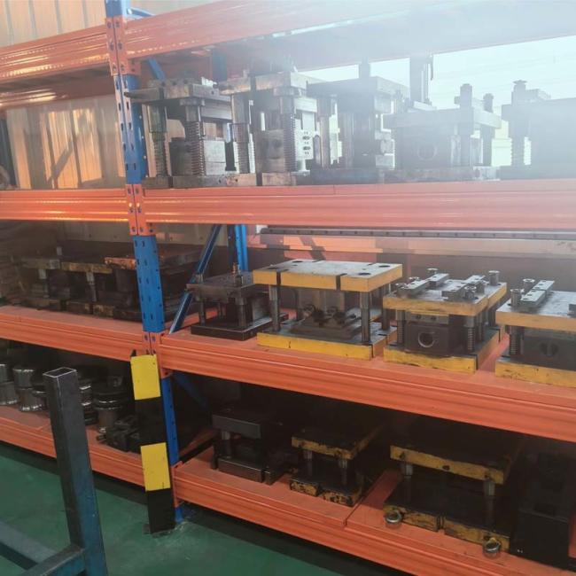 Close-up of metal shelving rack construction