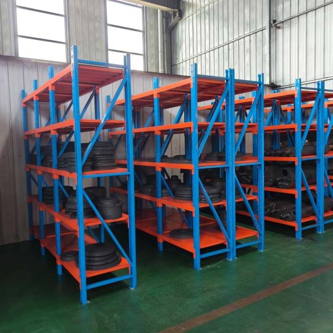 Side view of metal shelving unit