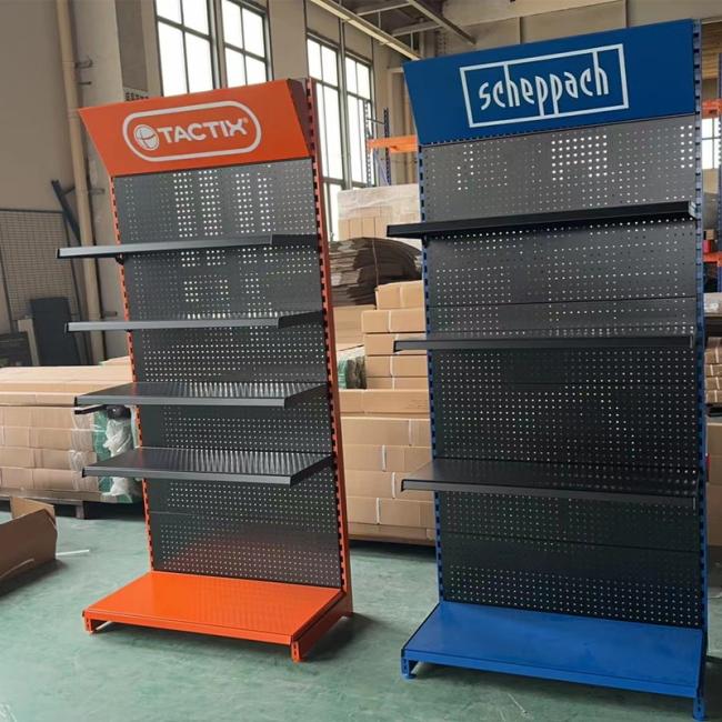 Metal supermarket display rack in retail setting