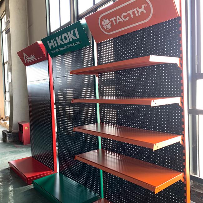 Close-up of sturdy metal shelving construction