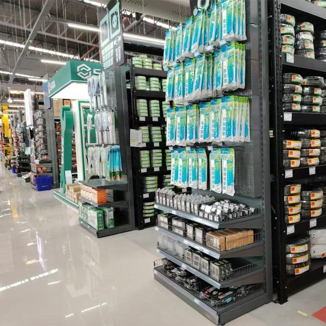 Supermarket gondola shelving unit displaying various products