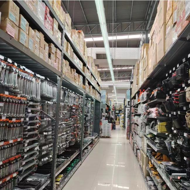 Close-up view of adjustable supermarket shelving system