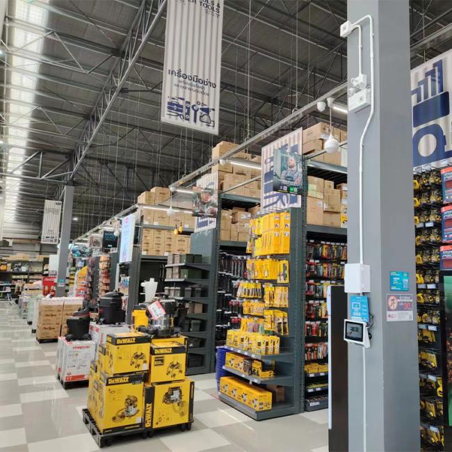 Adjustable supermarket shelf with multiple products displayed