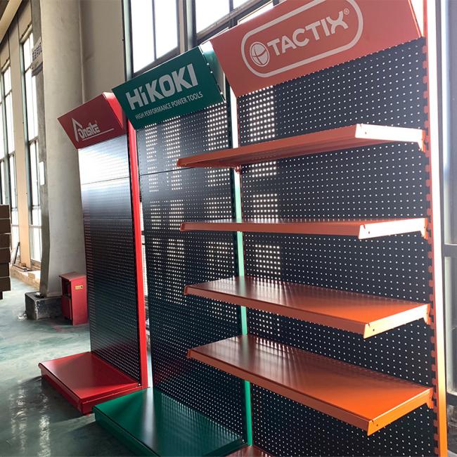 Supermarket display rack showing adjustable shelves