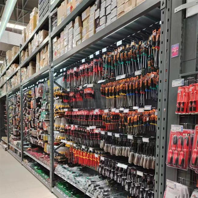 Close-up view of metal supermarket rack construction