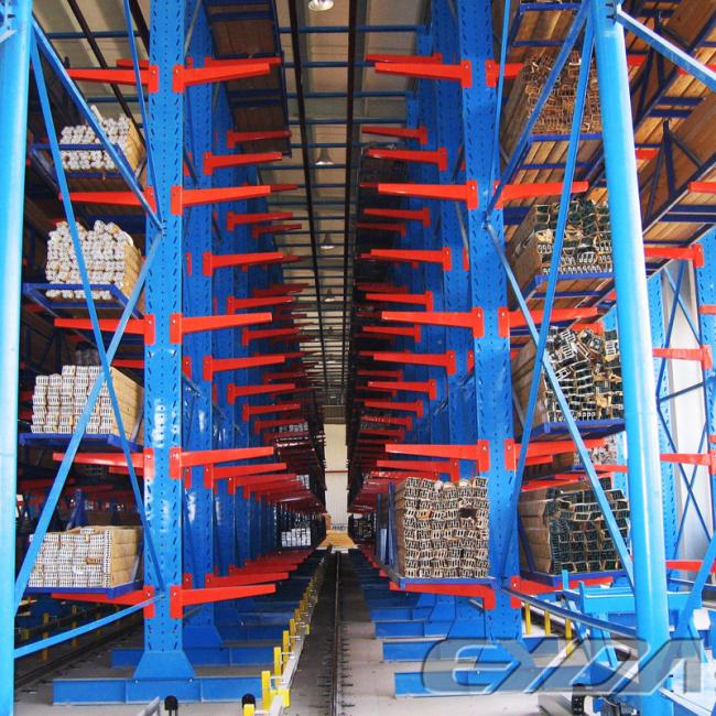 Industrial cantilever rack showing storage of long pipes
