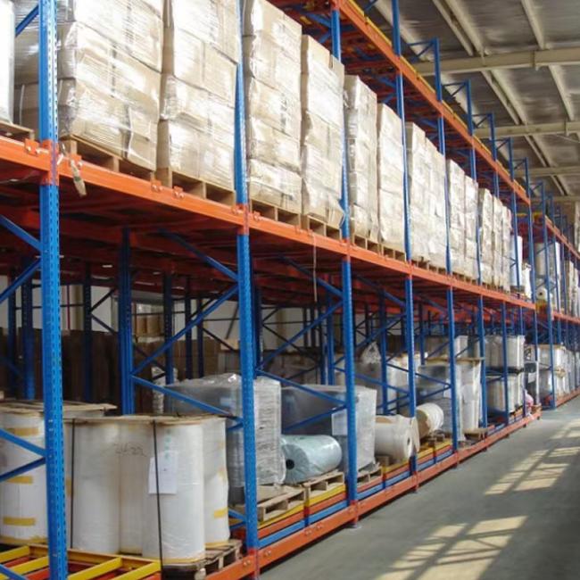 Powder coated push back racking system in warehouse environment