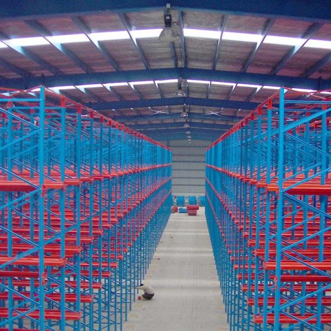 Industrial warehouse racking system in active operation