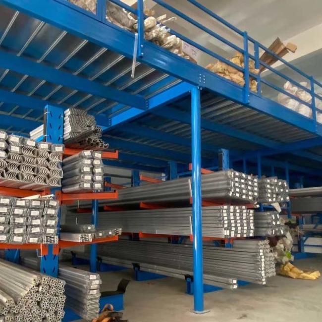 Custom steel mezzanine floor platform in warehouse setting