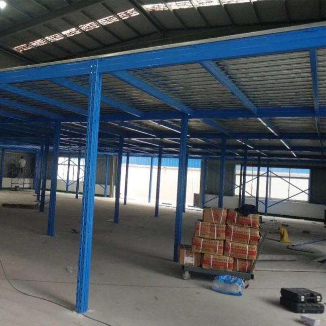 Multi-level steel storage platform in use