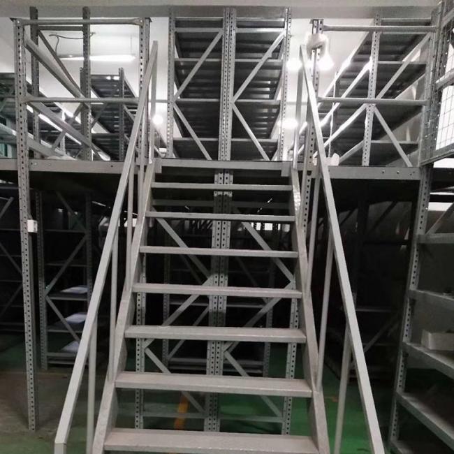 Custom multi-level steel racking system in warehouse